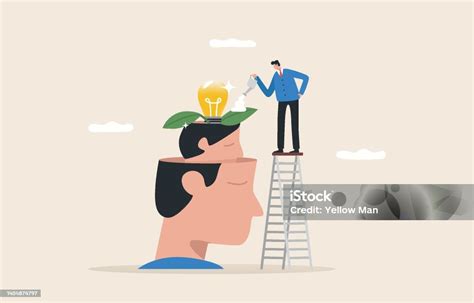 성장 마인드 사람의 능력이나 지능은 시간이 지남에 따라 발전 할 수 있습니다 창의력의 심리적 유형 전구 식물에 물을 주는 사업가 사람 뇌에 대한 스톡 벡터 아트 및 기타