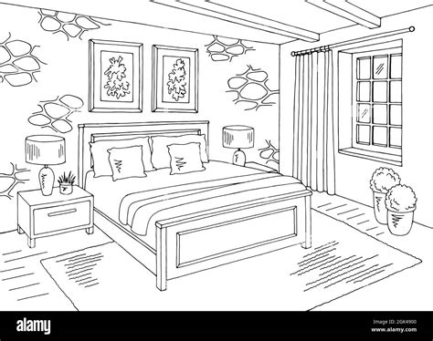 Bedroom Graphic Black White Home Interior Sketch Illustration Vector