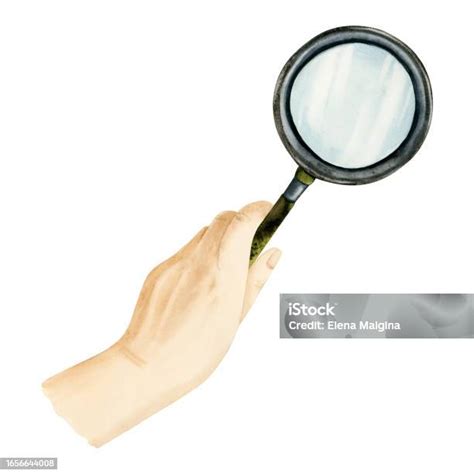 연구원이나 형사 손이 돋보기를 들고 있고 금속 손잡이가 달린 확대경 수채화 그림 손으로 그린 돋보기 클립 아트 흰색 배경에 격리 검사 보기에 대한 스톡 벡터 아트 및 기타