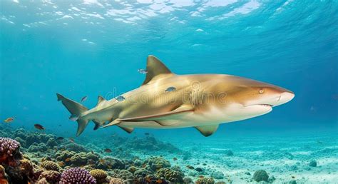 Magnificent Lemon Shark Swimming Gracefully In The Turquoise Ocean