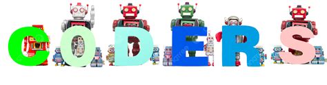 Coding Word Held Up By Tin Robots With A Website Colorful Isolated