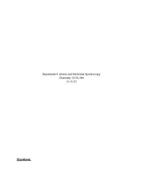 Chem Land 1215 Pre Lab 4 Assignment Experiment 4 Atomic And Molecular Spectroscopy Chemistry