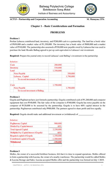 Chapter 1 Solution Pdf Act13 Partnership And Corporation Accounting M Manayao Cpa Chapter