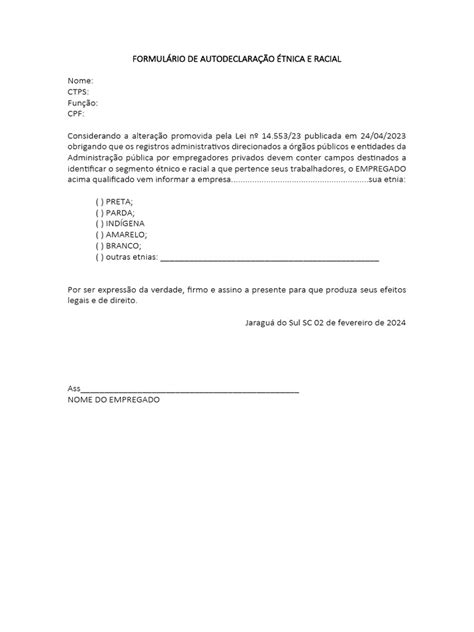 FormulÁrio De AutodeclaraÇÃo Étnica E Racial Pdf