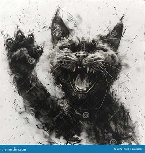 Scary Evil Black Cat Waves Its Paw With Sharp Claws And Bares Its Big Fangs Royalty Free Stock