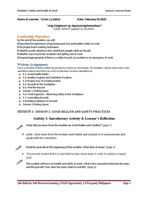 4 Answer Sheet For Module 4 Pdf Learning Occupational Safety And