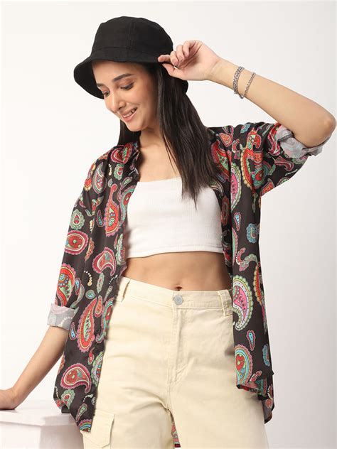 Black Satin Paisley Printed Oversized Shirt