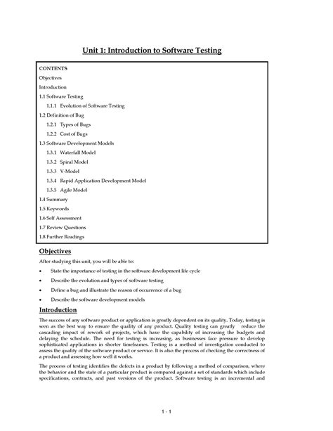 unit 1 introduction to software testing contents objectives