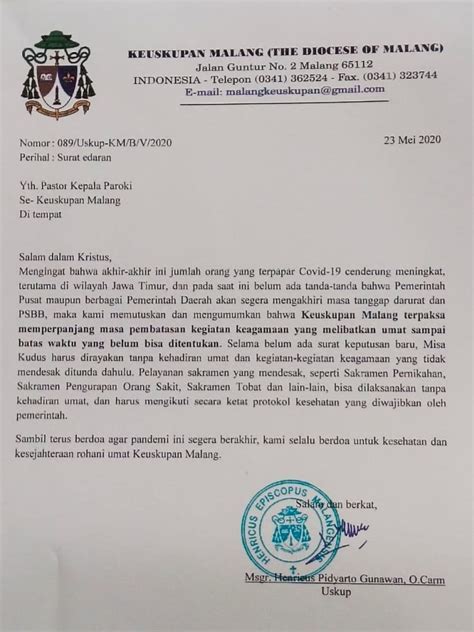 Keuskupan Malang Perpanjang Masa Pembatasan Kegiatan Agama SESAWI NET