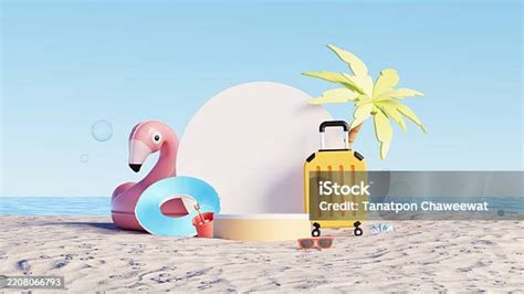 3d 렌더링 풍선 플라밍고와 여행용 여행 가방이 있는 열대 해변 장면에 연단이 표시되는 여름 배경 3차원 형태에 대한 스톡 사진 및 기타 이미지 Istock