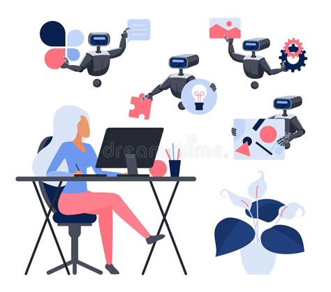 Ai Assistant Support For Designer Robots Help Working Girl Artist At