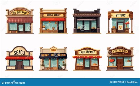 Shop Fronts Flat Color Vector Illustrations Set