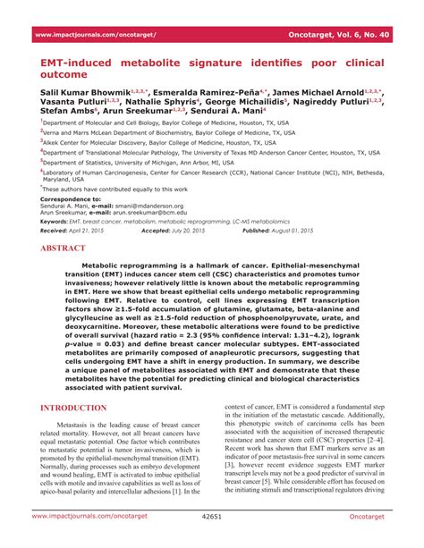 Pdf Emt Induced Metabolite Signature Identifies Poor Clinical Outcome