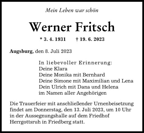 Traueranzeigen Von Werner Fritsch Augsburger Allgemeine Zeitung