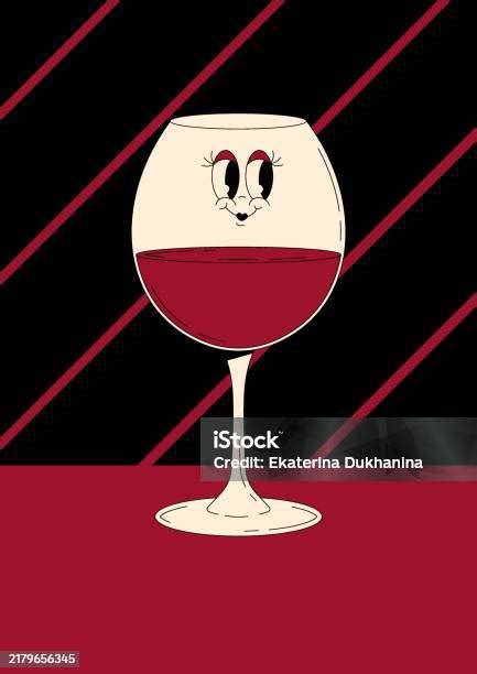 레트로 와인 축제 포스터 얼굴과 빈 공간이 있는 그루비한 캐릭터 레드 와인 잔 빈티지 벡터 일러스트 레이 션 가공의 인물에 대한 스톡 벡터 아트 및 기타 이미지 Istock