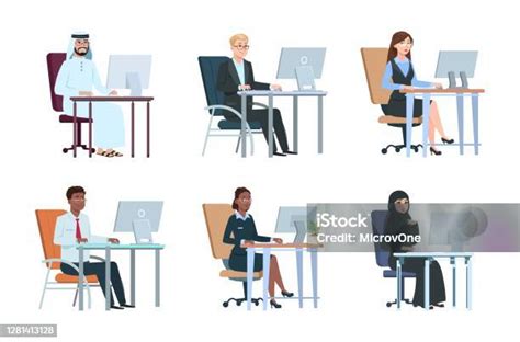 컴퓨터에서 일하는 비즈니스 인력 고립 된 작업 대행사 사람 관리자 만화 캐릭터 현대 사무실 남자 여자 책상 벡터 일러스트에서