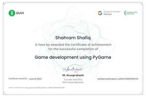 Shahram Shafiq On Linkedin Gamedevelopment Pygame Certificate Guvi