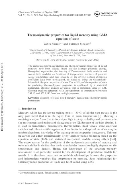 Pdf Thermodynamic Properties For Liquid Mercury Using Gma Equation Of State