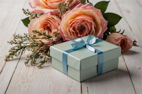 Premium Photo Flowers And T Box On White Wooden Table