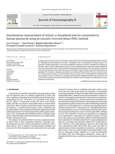 Pdf Simultaneous Measurement Of Retinol α Tocopherol And Six Carotenoids In Human Plasma By