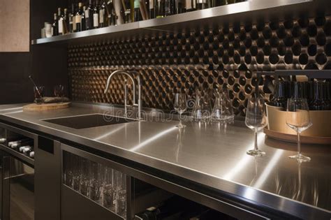 A Stainless Steel Countertop With A Built In Wine Rack And Glasses