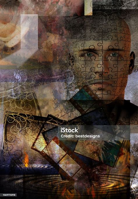 복잡 한 추상화입니다 남자 얼굴 퍼즐 패턴입니다 다른 차원에 열린된 문 가리기에 대한 스톡 사진 및 기타 이미지 가리기 골동품 남성 Istock