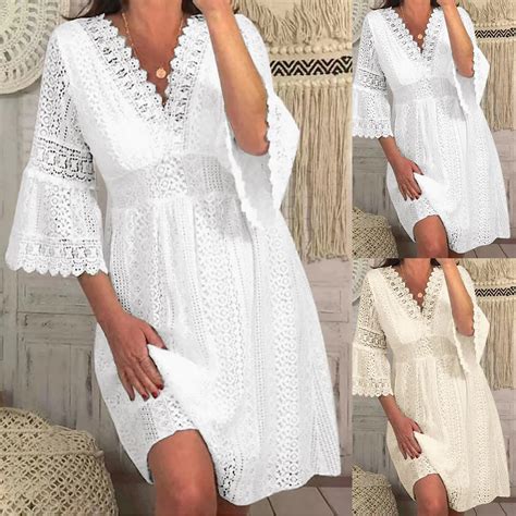Womens Solid Color 3 4 Sleeve New In Dresses V Neck Hollow Lace Dresses