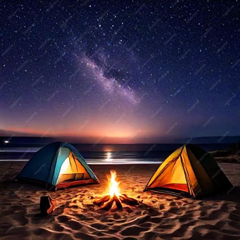 Camping Tent And Campfire On The Beach At Night Premium Ai Generated