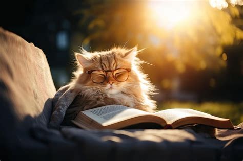 Premium Photo Intelligent Cute Cat In Glasses Reading A Book