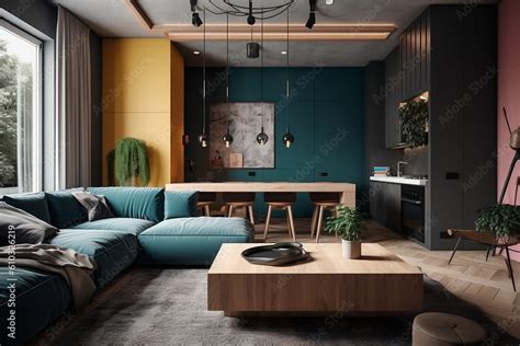 Green living room of luxury eco house. Bold color blocks and ...