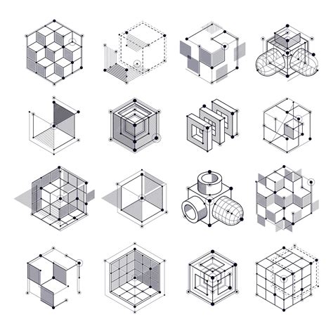 기하학적 기술 벡터 흑백 도면 세트 3d 기술 벽지 엔지니어링 시스템 추상적인 기술적 배경의 그림입니다 추상적인 기술적 배경입니다 프리미엄 벡터