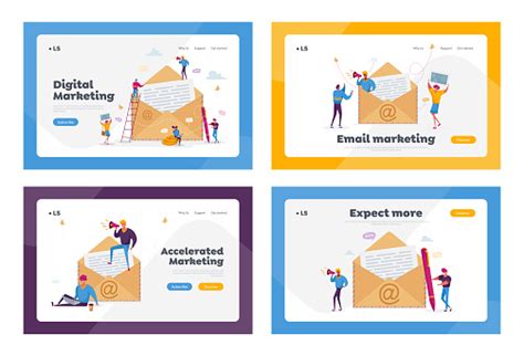 전자 메일 편지를 쓰는 사람들 전자 메일 통신 방문 페이지 템플릿 세트입니다 펜과 우표와 작은 남성 여성 문자는 거대한 봉투에 종이를 넣어 만화 벡터 일러스트레이션 벡터에