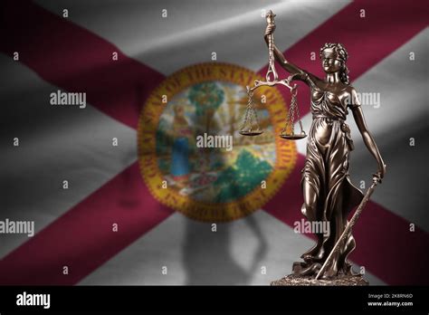 Florida Us State Flag With Statue Of Lady Justice And Judicial Scales