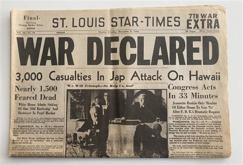 St Louis Star Times Announcing US Declared War Original 1941 Vintage