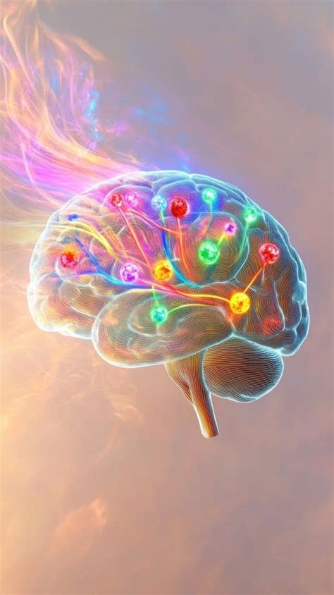 Human Brain Showing Colorful Connections And Energy Flowing Out Stock
