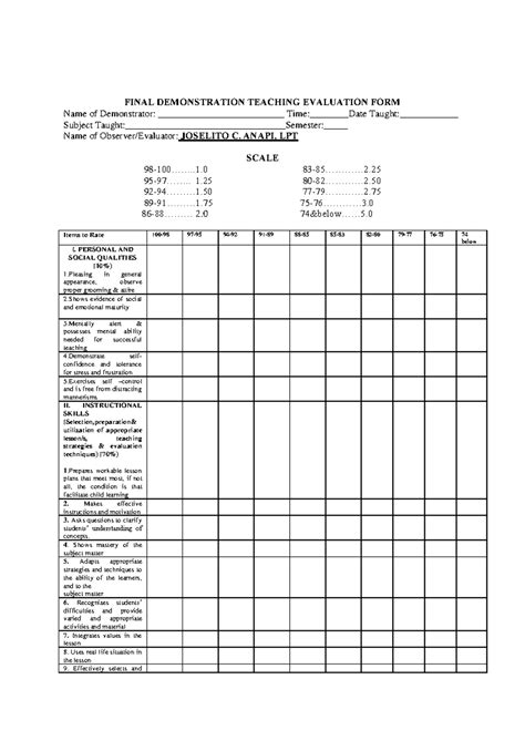 Evaluation Form For Demo Teaching Gmrc Final Demonstration Teaching Evaluation Form Name Of