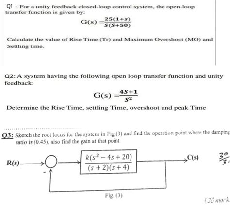 Solved Q1 For A Unity Feedback Closed Loop Control System