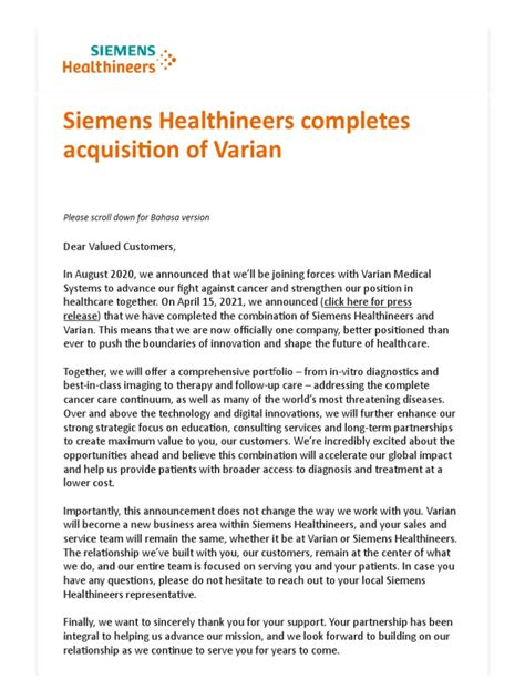 Siemens Healthineers Completes Acquisition Of Varian Pdf Medical