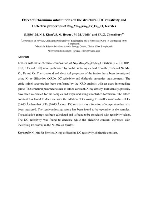 Pdf Effect Of Chromium Substitutions On The Structural Dc Resistivity And Dielectric