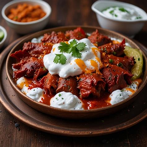 Iskender Kebab In Copper Serving Served With Pickles Yogurt Flatbread And Ayran Premium Ai