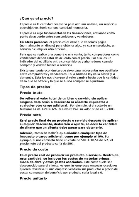 Qué Es El Precio Tareas ¿qué Es El Precio El Precio Es La Cantidad