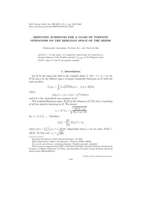 Pdf Reducing Subspaces For A Class Of Toeplitz Operators On The