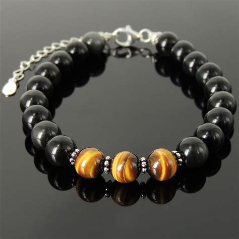 8mm Brown Tiger Eye And Rainbow Black Obsidian Healing Gemstone Bracelet