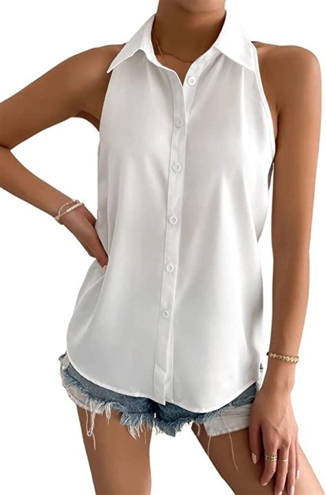 Verdusa Womens Casual Sleeveless Collar Button Down Shirt Blouse Top