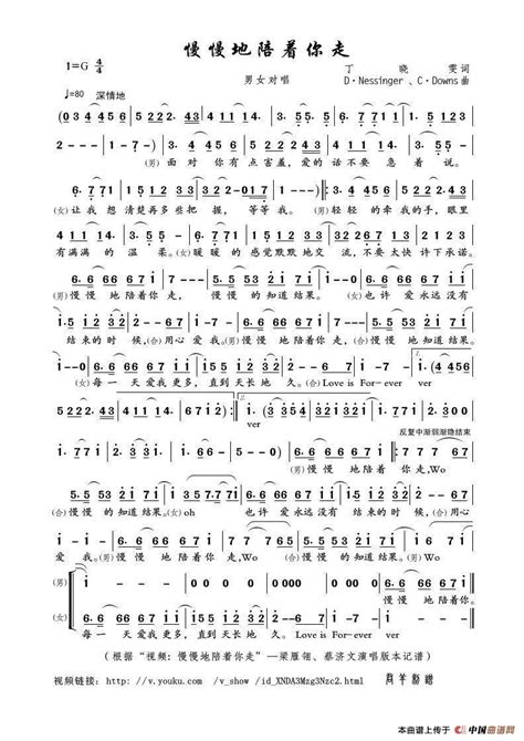 慢慢地陪着你走 （丁晓雯词 D·essinger、c·downs曲）君羊个人制谱园地中国曲谱网