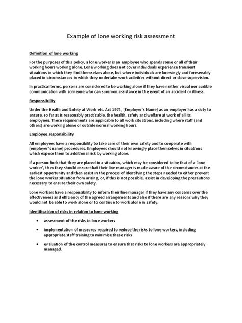 Attachment Example Of Lone Working Risk Assessment Pdf