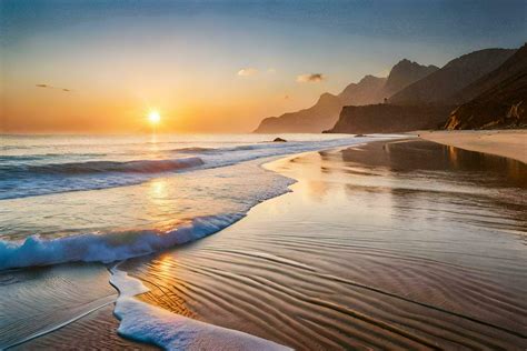 The Sun Rises Over The Ocean And The Waves Crash On The Beach AI