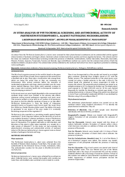 Pdf In Vitro Analysis Of Phytochemical Screening And Antimicrobial Activity Of Parthenium