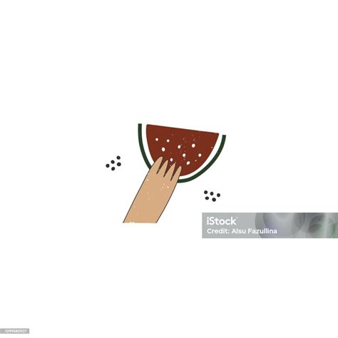 흰색 배경에 고립 된 수박 조각을 들고 귀여운 손 손으로 그린 만화 벡터 일러스트레이션 여름 분위기 개념 빈티지 색상 계절에