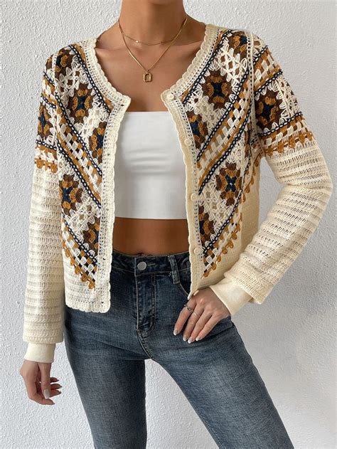 SHEIN Cardigans Padrão geográfico Malha Pointelle Gonne all uncinetto